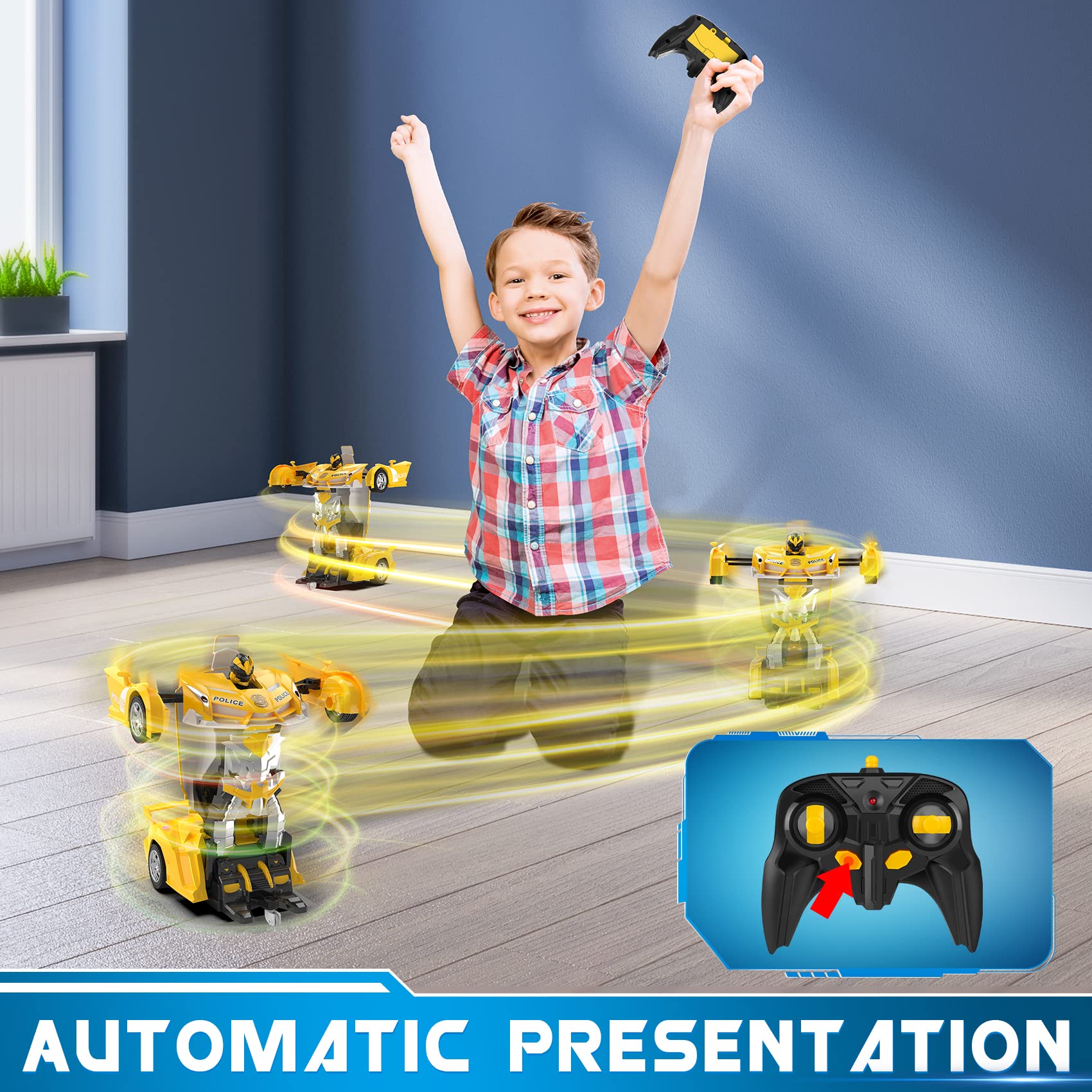 FDJ Remote Control Car - 2 in 1 Transform Car Robot, One Button Deformation to Robot with Flashing Lights, 1:18 Scale Transforming Car, 360 Degree Rotating Drifting Toys for 5+ Year Old Boys