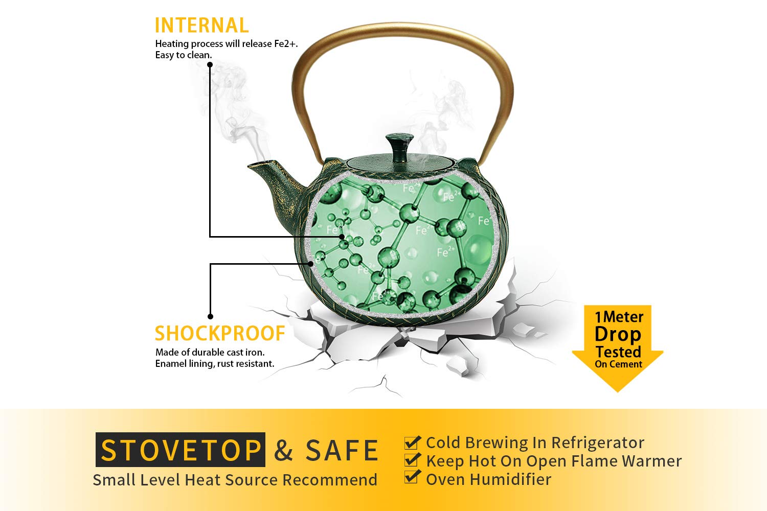 Tea Kettle, Toptier Japanese Cast Iron Tea Kettle for Stove Top, Stovetop Safe Teapot with Infusers for Loose Tea, 34 Ounce (1000 ml), Dark Green Melody