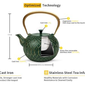 Tea Kettle, Toptier Japanese Cast Iron Tea Kettle for Stove Top, Stovetop Safe Teapot with Infusers for Loose Tea, 34 Ounce (1000 ml), Dark Green Melody