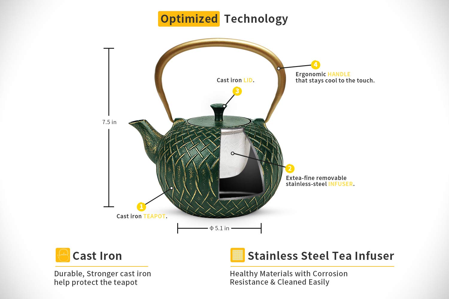 Tea Kettle, Toptier Japanese Cast Iron Tea Kettle for Stove Top, Stovetop Safe Teapot with Infusers for Loose Tea, 34 Ounce (1000 ml), Dark Green Melody