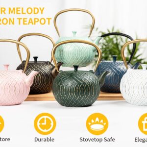 Tea Kettle, Toptier Japanese Cast Iron Tea Kettle for Stove Top, Stovetop Safe Teapot with Infusers for Loose Tea, 34 Ounce (1000 ml), Dark Green Melody