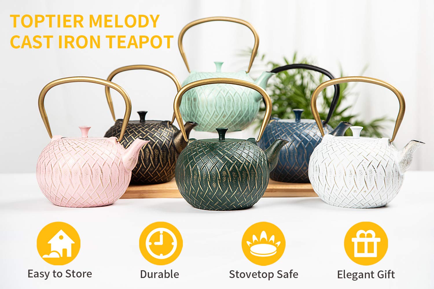 Tea Kettle, Toptier Japanese Cast Iron Tea Kettle for Stove Top, Stovetop Safe Teapot with Infusers for Loose Tea, 34 Ounce (1000 ml), Dark Green Melody