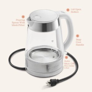 Speed-Boil Water Electric Kettle, 1.7L 1500W, Coffee & Tea Kettle Borosilicate Glass, Water Boiler, Auto Shut-Off, Cool Touch Handle, Base Detachable, LED. 360° Rotation, Boil Dry Protection (White)