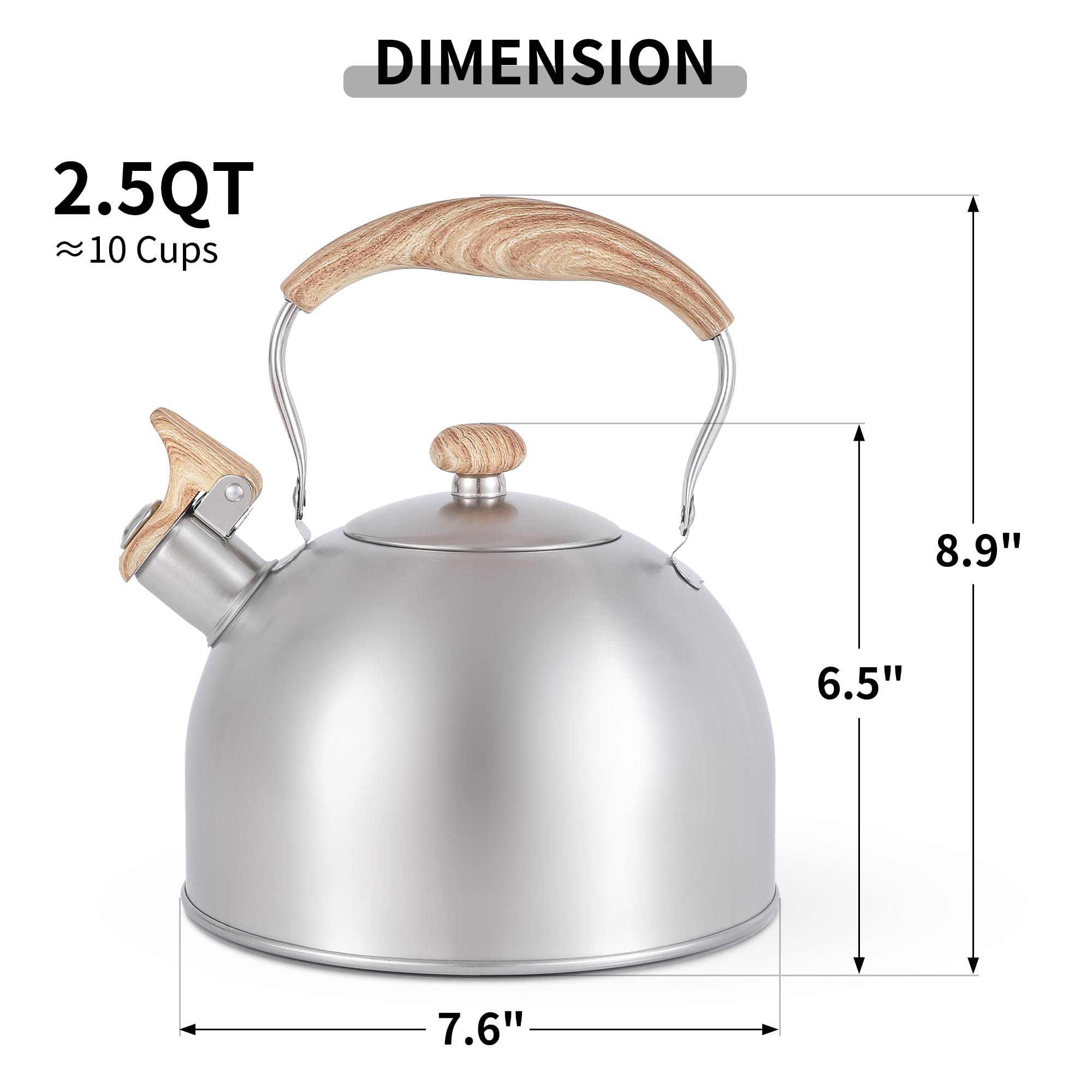 LONFFERY Tea Kettle, 2.5 Quart Whistling Tea Kettle, Tea Pots for Stove Top Food Grade Stainless Steel with Wood Pattern Folding Handle - Silvery