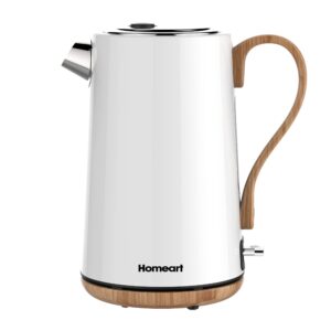 homeart panda cordless electric kettle with wood detail - stainless steel with removable filter, fast boiling and auto shut-off - 1.7l capacity, white