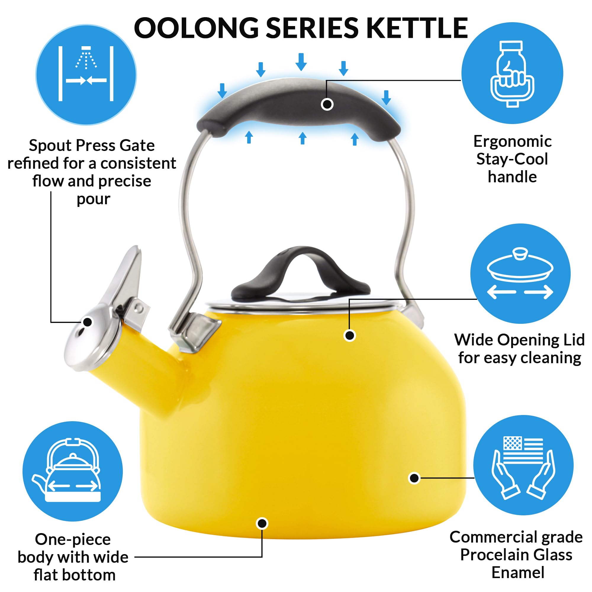 Chantal 1.8 QT Kettle, Oolong Series, Premium Enamel on Carbon Steel, Whistling, Even Heating & Quick Boil (Canary Yellow)