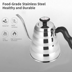 MAXCOOK Tea Kettle Gooseneck Pour Over Coffee Kettle, 304 Stainless Steel Kettle with Thermometer for Exact Temperature, Precision Pour Drip Spout, Compatible with all Stovetops 1L/34oz