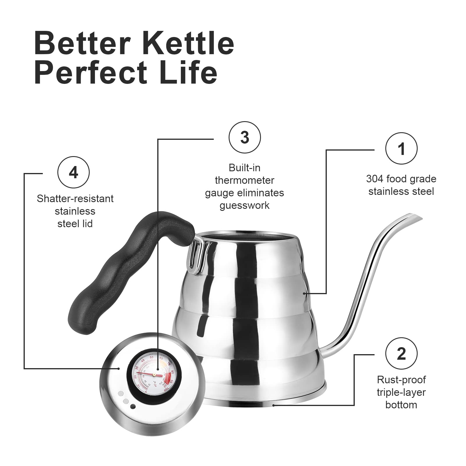 MAXCOOK Tea Kettle Gooseneck Pour Over Coffee Kettle, 304 Stainless Steel Kettle with Thermometer for Exact Temperature, Precision Pour Drip Spout, Compatible with all Stovetops 1L/34oz