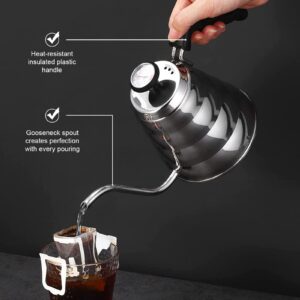 MAXCOOK Tea Kettle Gooseneck Pour Over Coffee Kettle, 304 Stainless Steel Kettle with Thermometer for Exact Temperature, Precision Pour Drip Spout, Compatible with all Stovetops 1L/34oz