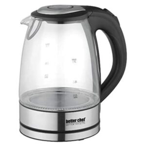 better chef cordless electric kettle | 7-cup borosilicate glass | led light | thumb on-off and lid open | 360-deg swivel base | auto boil-dry shut-off | stainless