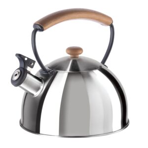 oggi tea kettle for stove top - 85oz / 2.5lt, stainless steel kettle with loud whistle & stay-cool wood handle, ideal hot water kettle and water boiler - silver mirror