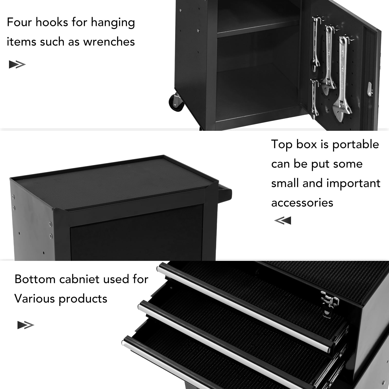 WAYTRIM 3-Drawer Rolling Tool Storage Cabinet Tool Chest Detachable Organizer Combo Side Hooks & Drawer Liners Wheels Lock & Key Tool Storage Organizer Box for Garage, Warehouse (Black)