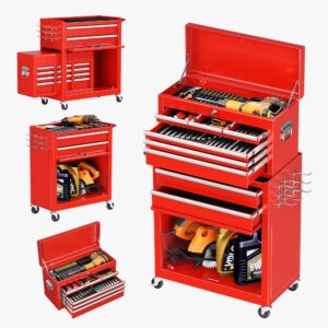 intergreat 8 drawer rolling tool chest, high capacity tool chest with wheels, 2-in-1 detachable steel toolchest organizer combo, tool cabinet for garage, workstation (red)