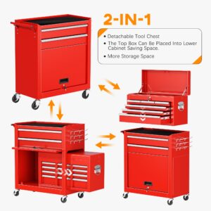 INTERGREAT 8 Drawer Rolling Tool Chest, High Capacity Tool Chest with Wheels, 2-in-1 Detachable Steel Toolchest Organizer Combo, Tool Cabinet for Garage, Workstation (Red)