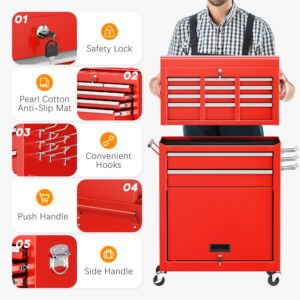 INTERGREAT 8 Drawer Rolling Tool Chest, High Capacity Tool Chest with Wheels, 2-in-1 Detachable Steel Toolchest Organizer Combo, Tool Cabinet for Garage, Workstation (Red)