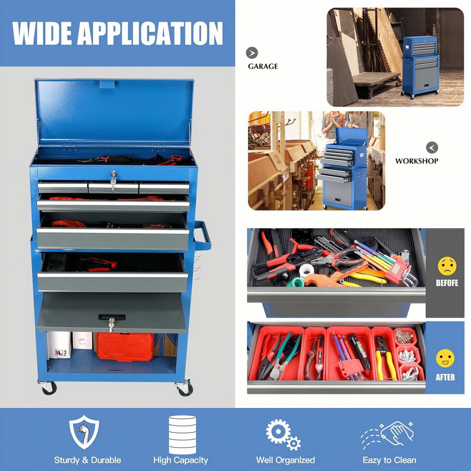 AIRAJ PRO 8-Drawer Rolling Tool Chest with Wheels,Removable Tool Box Organizer,Detachable Top Box & Locking System,High Capacity Tool Storage Cabinet for Workshop Mechanics Garage (Blue)