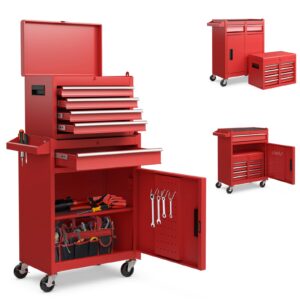 goplus rolling tool chest, 5-drawer tool box organizer w/lockable wheels & sliding drawers & detachable top & adjustable shelf, tool storage cabinet for garage workshop (red)