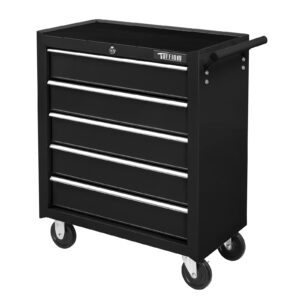 tuffiom 5-drawer rolling tool chest w/lock & key, tool storage cabinet with wheels, top cushion & drawer liners, tool organizer box for garage, warehouse & repair shop, black