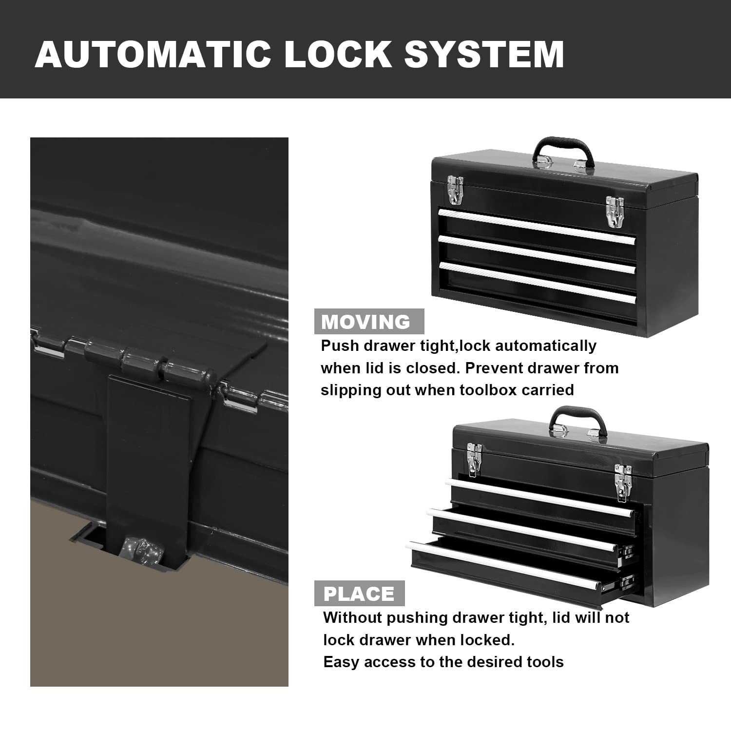 BIG RED 3 Drawer 20“ Metal Tool Box Portable Steel Tool Chest with Metal Latch Closure for Garage, Home and Workbench,Black,ANTBD133-XT