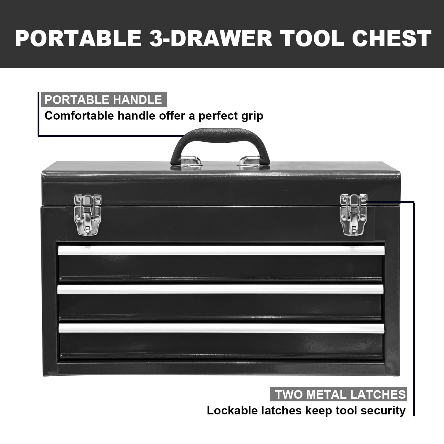 BIG RED 3 Drawer 20“ Metal Tool Box Portable Steel Tool Chest with Metal Latch Closure for Garage, Home and Workbench,Black,ANTBD133-XT