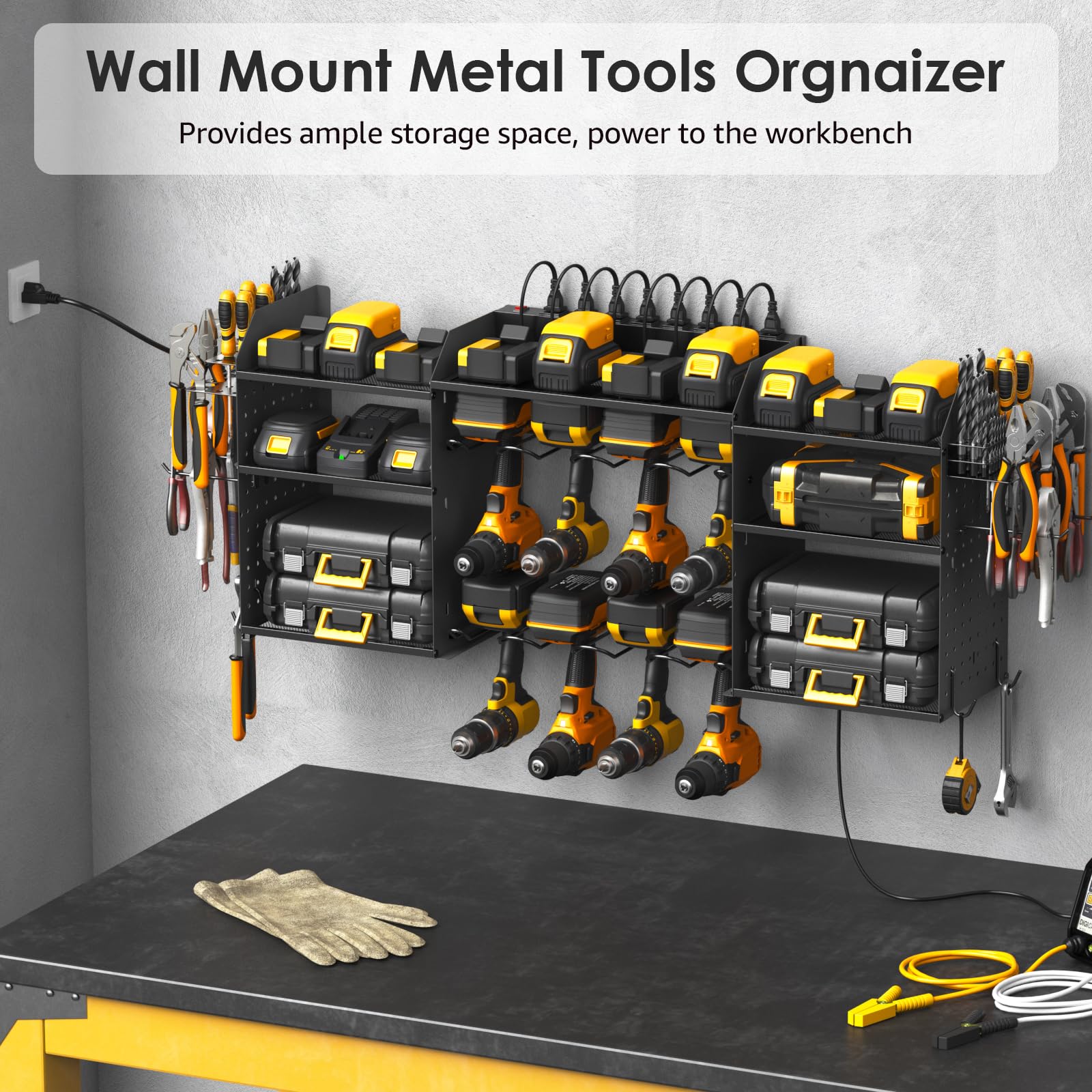 CCCEI Black Large Tools Organizer Wall Mount Charging Station, 39 Inch Long Power Tool Battery Storage Rack with 6FT Power Strip. 8 Drill Holder, Garage Utility Shelves. Pegboard Hanging Extension.