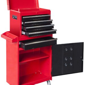 Wolf Rolling Garage Workshop Tool Organizer: Detachable 4 Drawer Tool Chest with Large Storage Cabinet and Adjustable Shelf, Red/Black (WF1204R-RB)