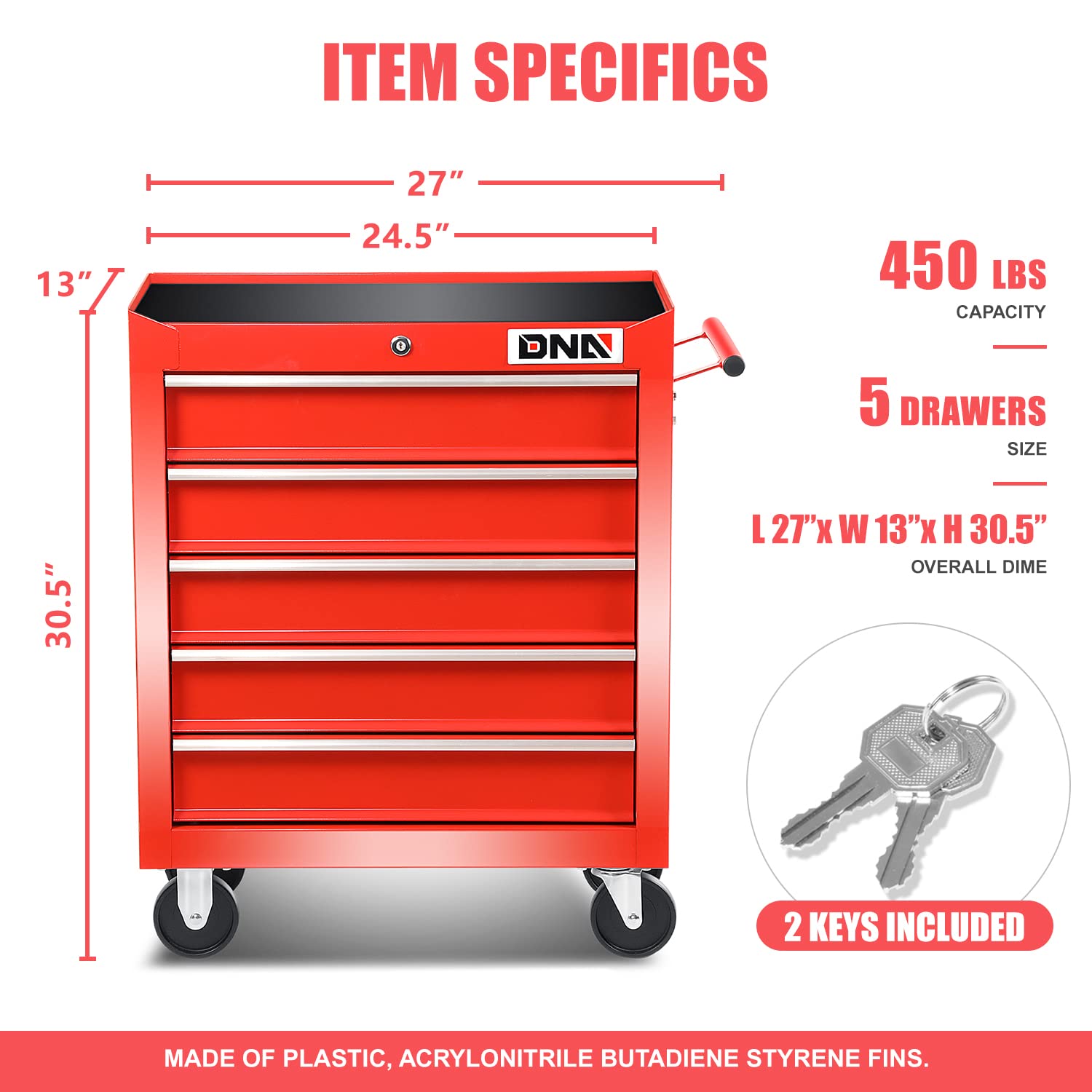 DNA MOTORING TOOLS-00263 5-Drawer Plastic Top Rolling Tool Cabinet with Keyed Locking System,13" D x 24.5" W x 30.5" H,Red