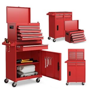 dortala 2 in 1 tool chest & cabinet w/ 5 sliding drawers, rolling garage box organizer, lockable tool box, detachable tool organizer, tool cabinet cart workshop trolley on wheels, red