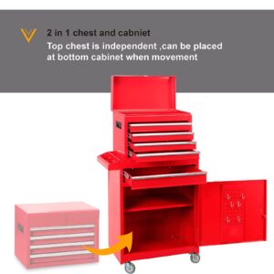 ROAD DAWG Torin Rolling Garage Workshop Organizer: Detachable 4 Drawer Tool Chest with Large Storage Cabinet and Adjustable Shelf, 20.3" l x 11" w x 40.4" h, Red