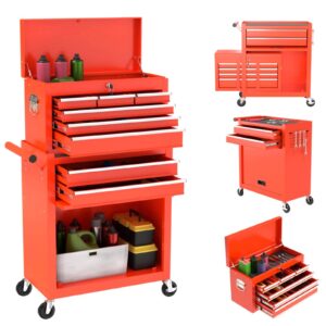 8-drawer rolling tool chest & removable tool box with locking system, tool box organizer with 4 wheels&hooks, large capacity garage storage cabinet for warehouse and repair shop(red)