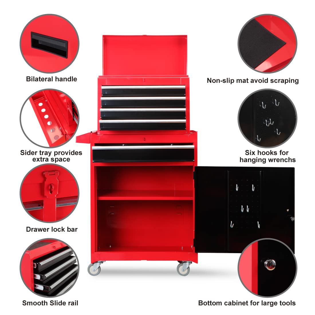 BIG RED 5-Drawer Rolling Tool Chest/Box with wheels,Metal Removable Tool Storage Cabinet for Garage and Workshop,Red/Black,ATBT3426R-RB