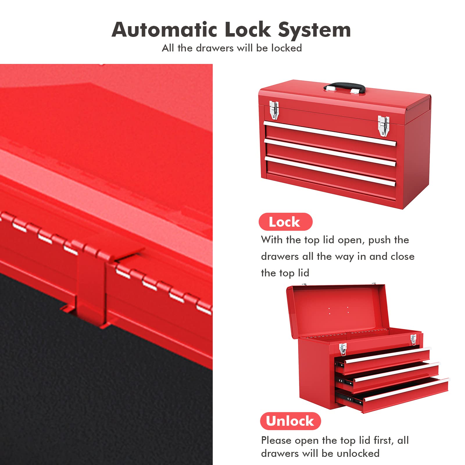 Goplus Tool Box, Portable 20” Tool Boxes with 3 Drawers, Top Tool Tray, Metal Lock Latch, Protective Liner, Auto Locking, Heavy Duty Steel Toolbox for Garage, Workshop, Mechanic