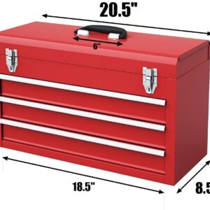 IRONMAX Portable Tool Box, Lockable Steel Tool Chest Cabinet w/ 3 Drawers & Top Tray, 3-Drawer Toolbox for Household, Warehouse, Repair Shop, Red