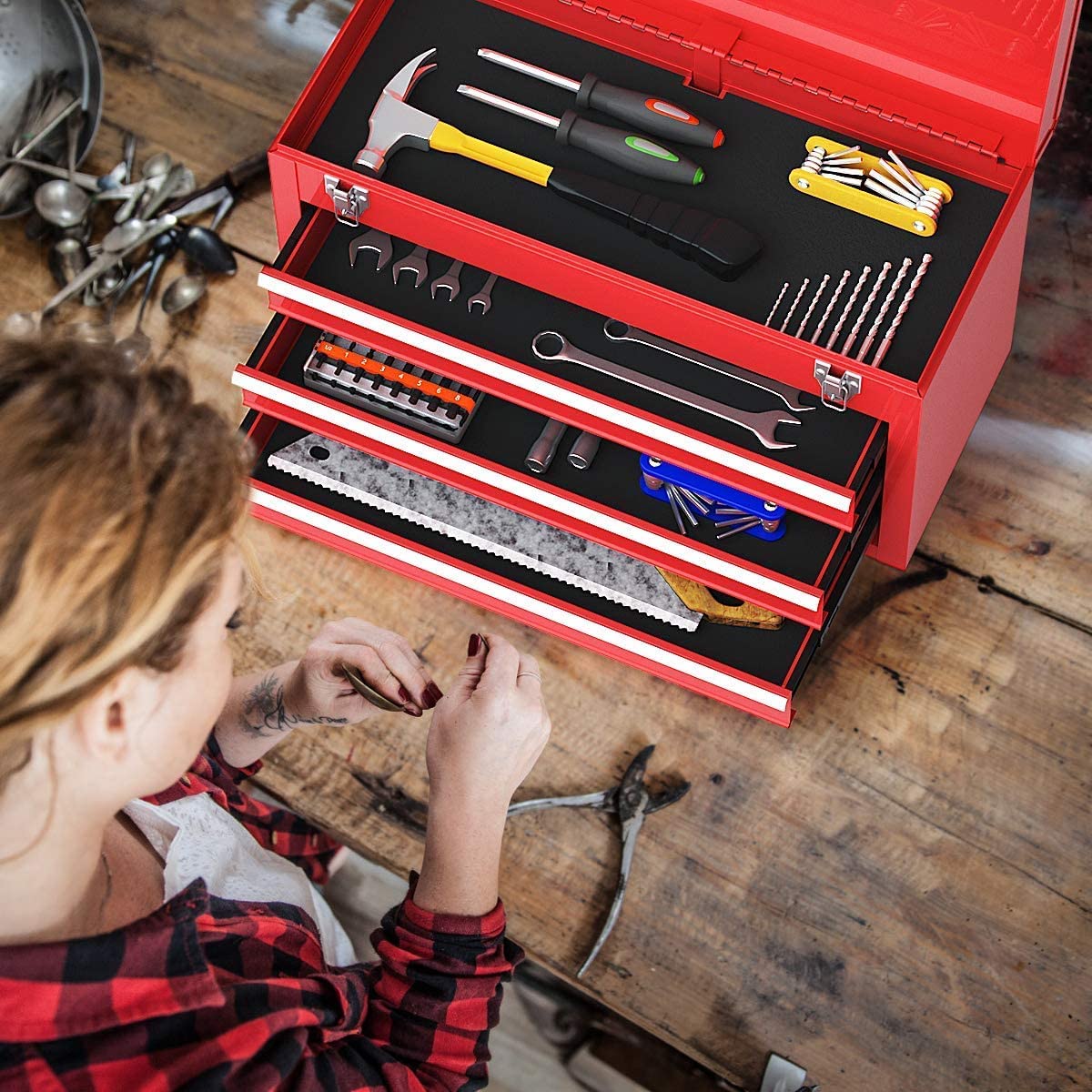 IRONMAX Portable Tool Box, Lockable Steel Tool Chest Cabinet w/ 3 Drawers & Top Tray, 3-Drawer Toolbox for Household, Warehouse, Repair Shop, Red