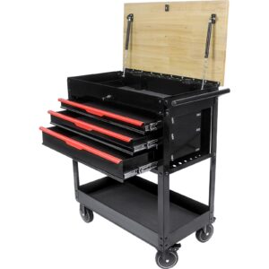 3-drawer rolling tool chest cabinet, 38-inch tool box, multifunction tool cart with wheels and wooden top, drawer liner, mobile toolbox for workshop mechanics garage (3 drawers- black and red)