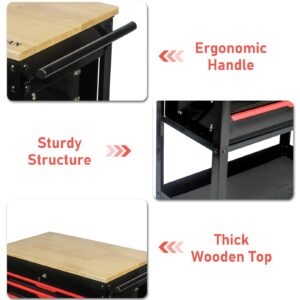 3-Drawer Rolling Tool Chest Cabinet, 38-Inch Tool Box, Multifunction Tool Cart with Wheels and Wooden Top, Drawer Liner, Mobile Toolbox for Workshop Mechanics Garage (3 DRAWERS- BLACK AND RED)