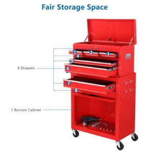 tuffiom 8-drawer rolling tool chest w/lock & key, tool storage cabinet w/wheels, detachable top, drawers & side hooks, mechanic tool organizer box for garage warehouse repair shop, red