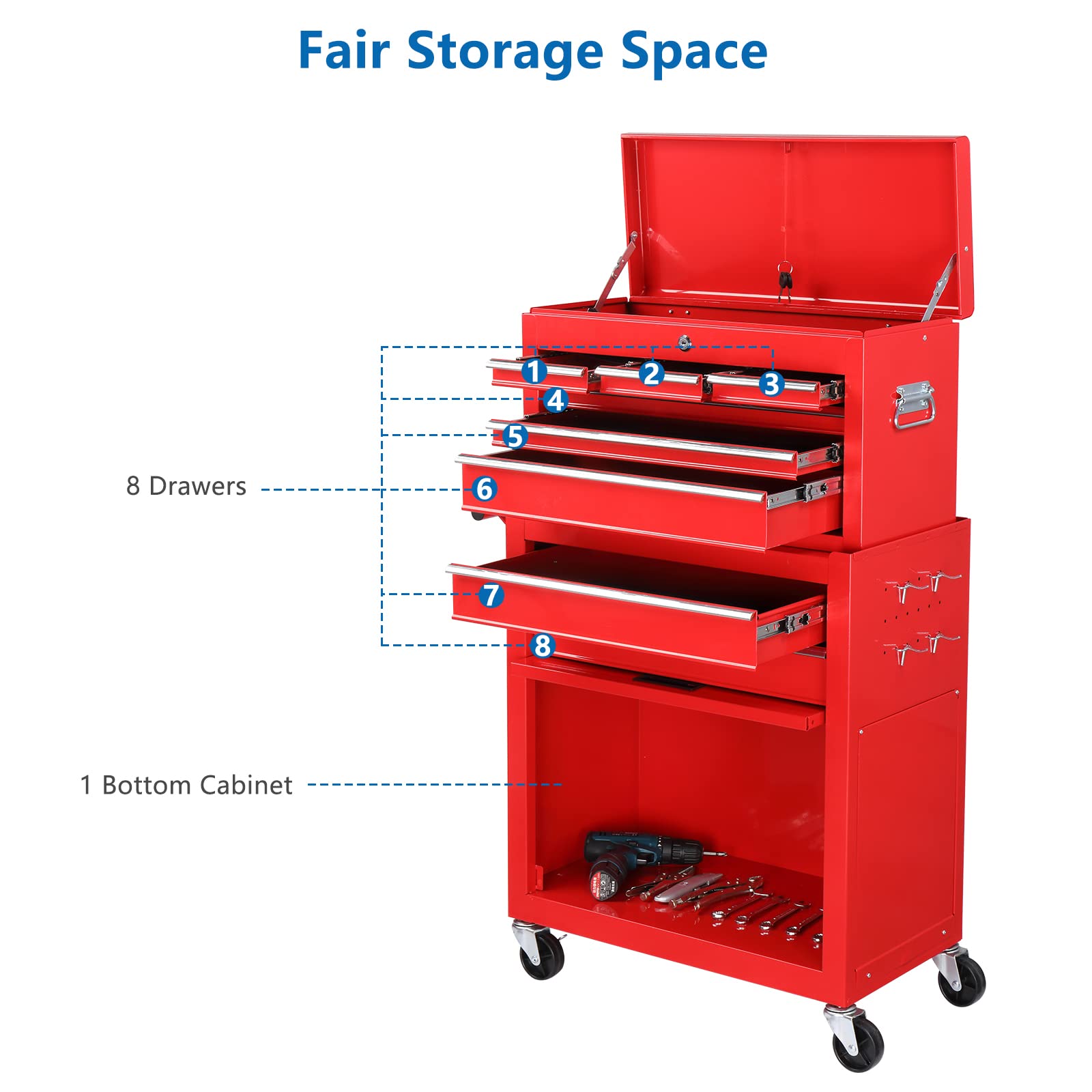 TUFFIOM 8-Drawer Rolling Tool Chest w/Lock & Key, Tool Storage Cabinet w/Wheels, Detachable Top, Drawers & Side Hooks, Mechanic Tool Organizer Box for Garage Warehouse Repair Shop, Red