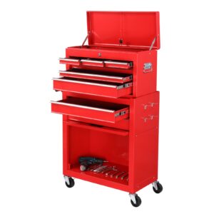 TUFFIOM 8-Drawer Rolling Tool Chest w/Lock & Key, Tool Storage Cabinet w/Wheels, Detachable Top, Drawers & Side Hooks, Mechanic Tool Organizer Box for Garage Warehouse Repair Shop, Red