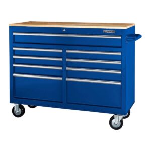 46 in. 9-drawer mobile storage cabinet with solid wood top - blue workbench