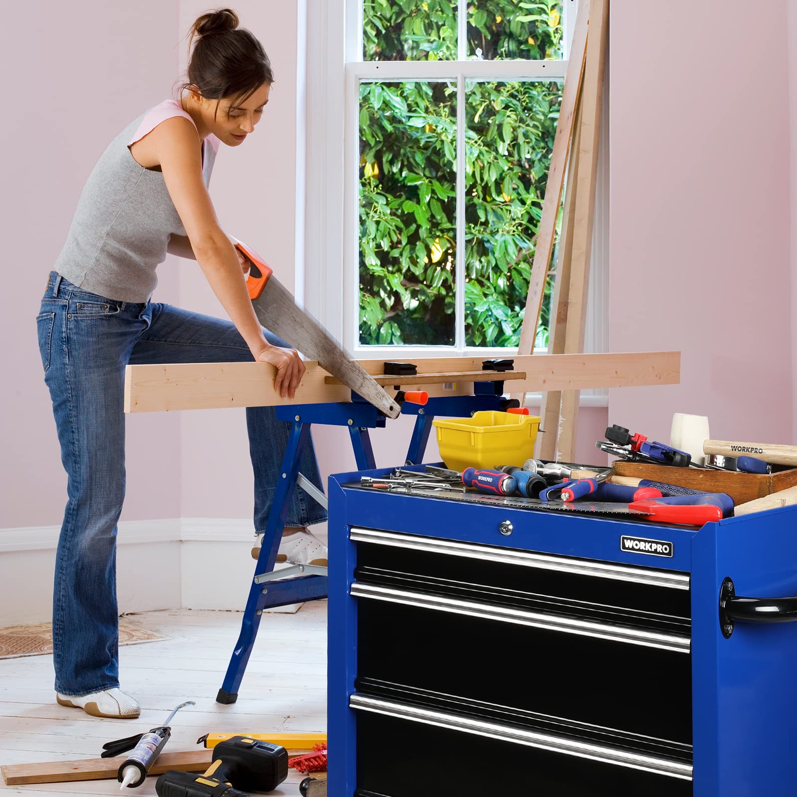 WORKPRO 4-Drawer Tool Chest, 26-Inch Rolling Metal Tool Storage Cabinet With Casters, Locking System, Drawer Liner, 450 lbs Load Capacity, for DIY Projects, Home Improvement, Auto Mechanics