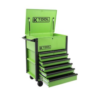 k tool international 75124 35" service cart tool box for garages, repair shops, and diy, (7) drawers, locking lid, (4) 5" swivel casters (2) with brake, protective bumpers, matte finish, neon green