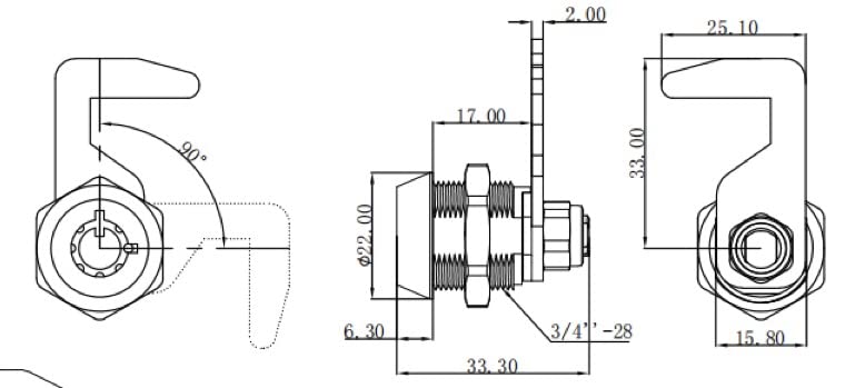 Cam Lock 5/8" Toolbox Lock 90 Degree, Tubular Lock with 2 Keyes, Cylinder Lock for File Cabinet and Mailbox use, Zinc Alloy