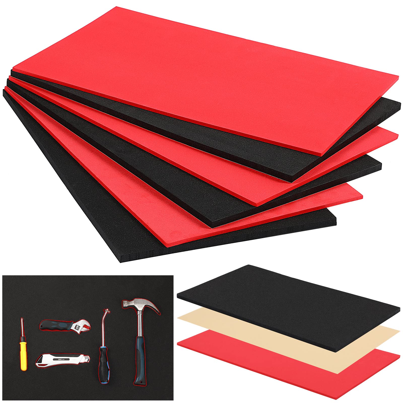 3 Sets Tool Box Shadow Foam Organizers Tool Box Liner Adjustable Inserts Foam Non Slip Liner Mat for Tool Box, Cabinet and Chest Drawers, Black Top and Red Bottom (16 x 22 Inch)