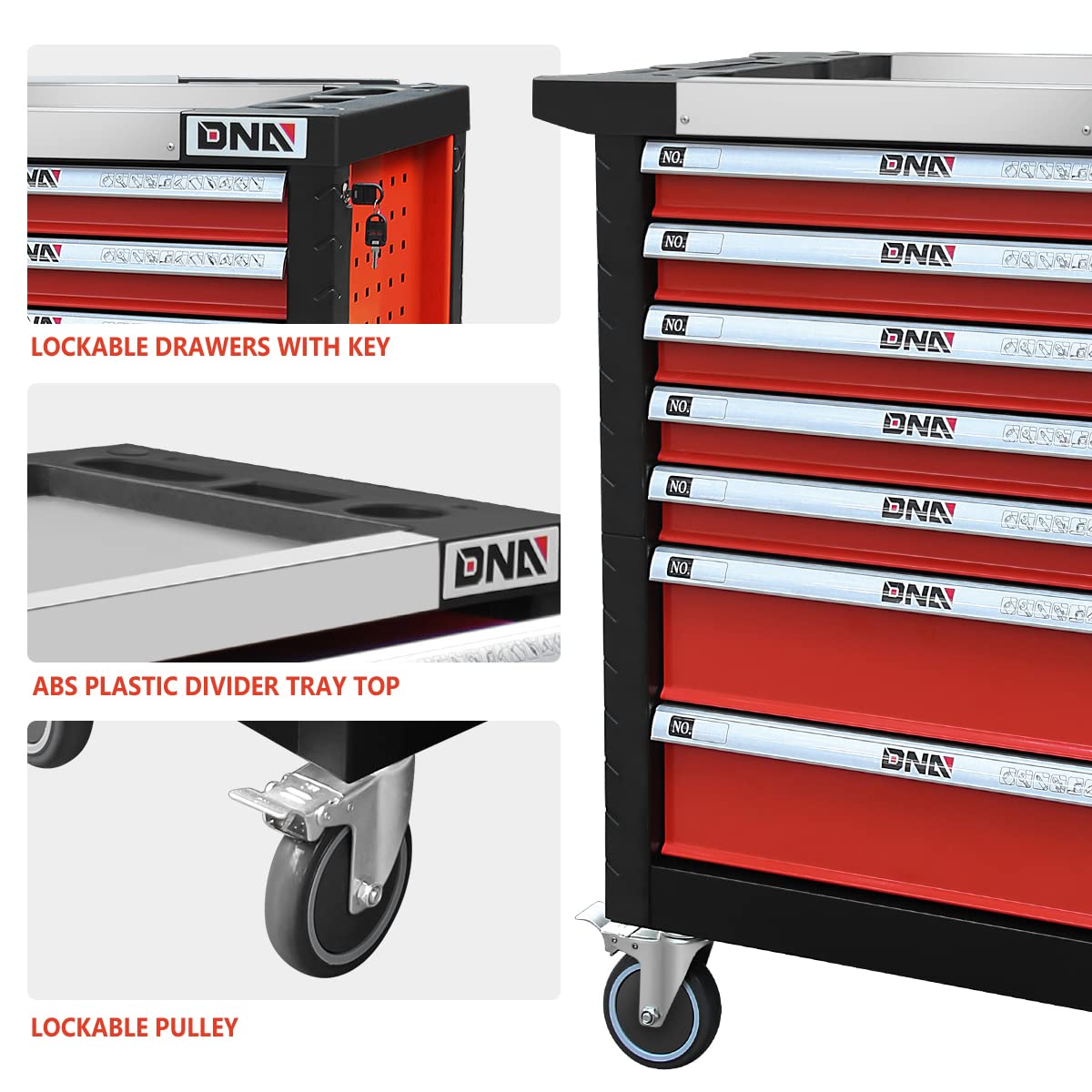 New Package DNA MOTORING 39" H X 30" W X 18" D Heavy Duty Lockable Slide Tool 7-Drawers Chest Rolling Tool Cart Cabinet with Keys (TOOLS-10001), Red