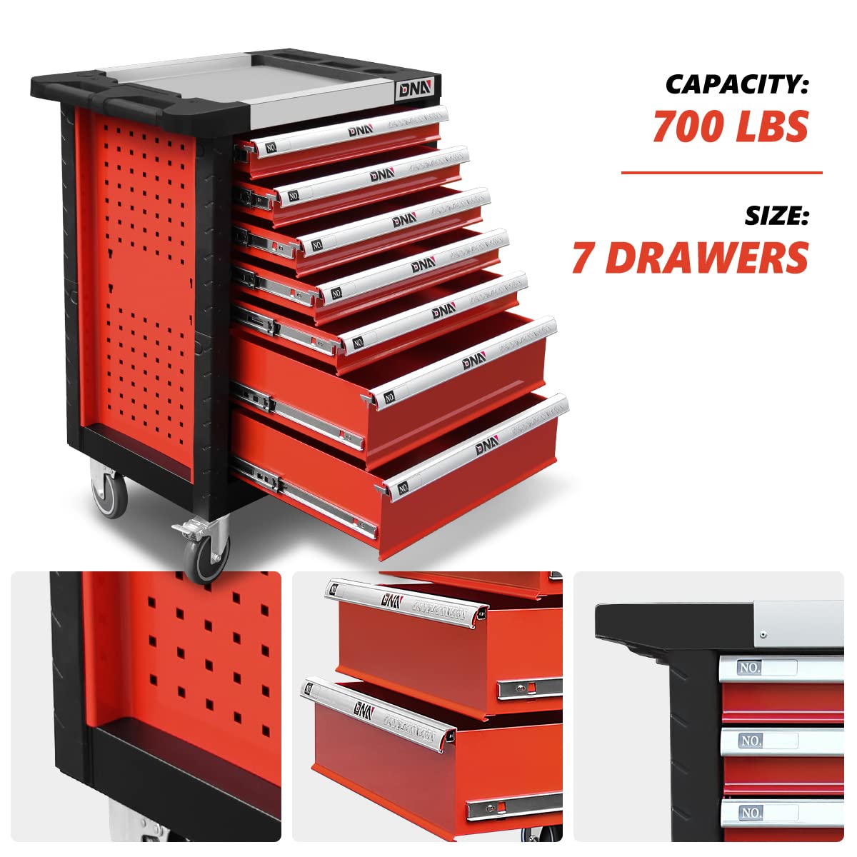 New Package DNA MOTORING 39" H X 30" W X 18" D Heavy Duty Lockable Slide Tool 7-Drawers Chest Rolling Tool Cart Cabinet with Keys (TOOLS-10001), Red