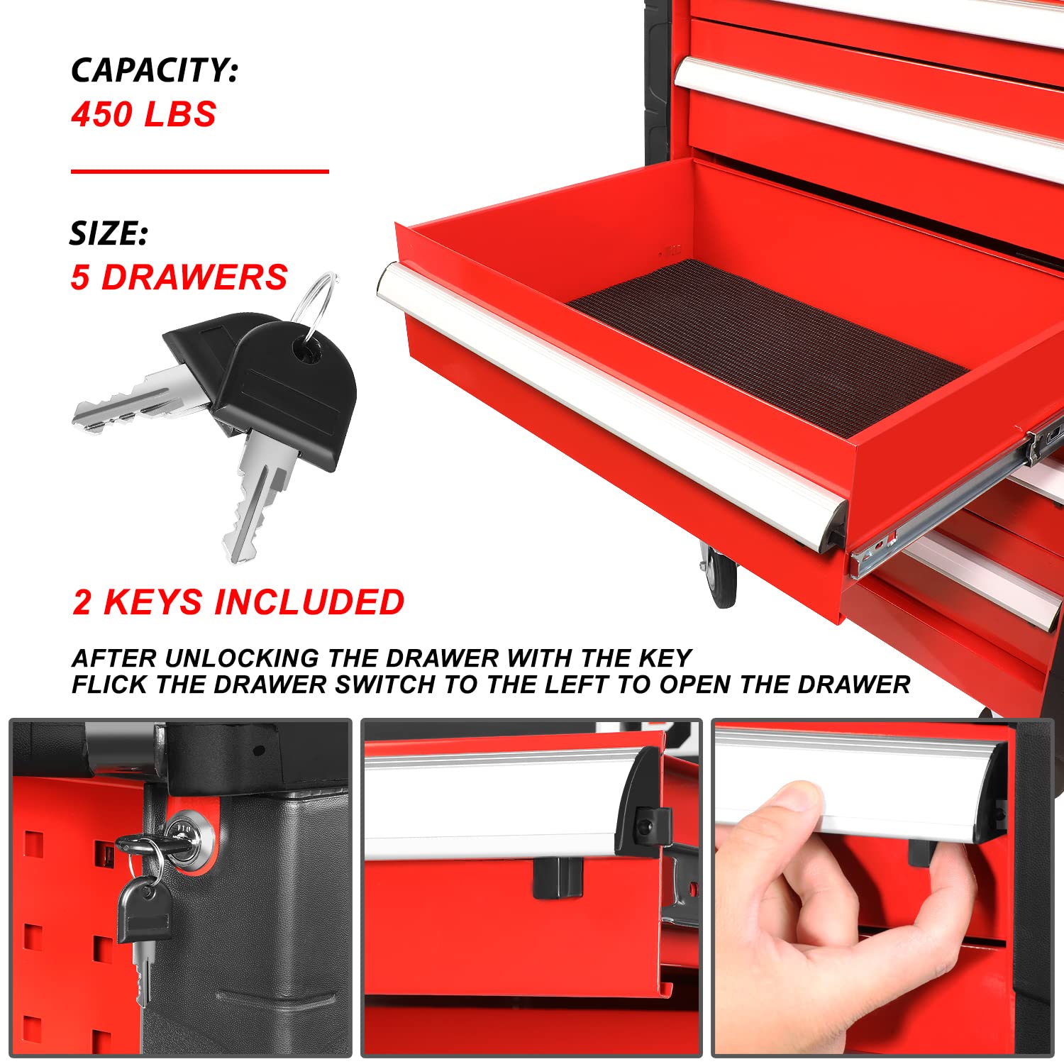 DNA MOTORING 30.5" L x 18" W x 38" H 5-Drawer Lockable Slide Tool Chest Rolling Tool Cart Cabinet (TOOLS-00001) with Keys , Red, Upgrade Package