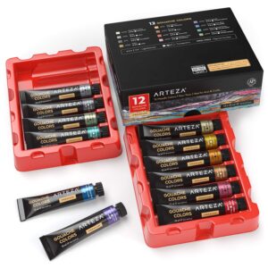 arteza metallic gouache paint, set of 12, 12ml/0.4 us fl oz gouache paint tubes, glitter paint for canvas and paper