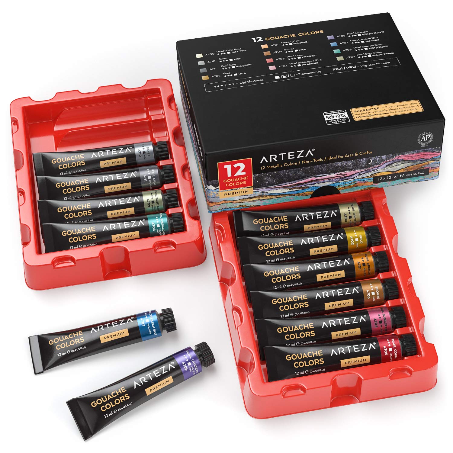 ARTEZA Metallic Gouache Paint, Set of 12, 12ml/0.4 US fl oz Gouache Paint Tubes, Glitter Paint for Canvas and Paper