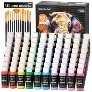 80 colors acrylic paint, shuttle art acrylic paint set with 12 paint brushes, 2oz/60ml bottles, rich pigmented, water proof, premium paints for artists, beginners and kids on canvas rocks wood ceramic